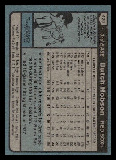1980 Topps #420 Butch Hobson Boston Red Sox Baseball card | eBay