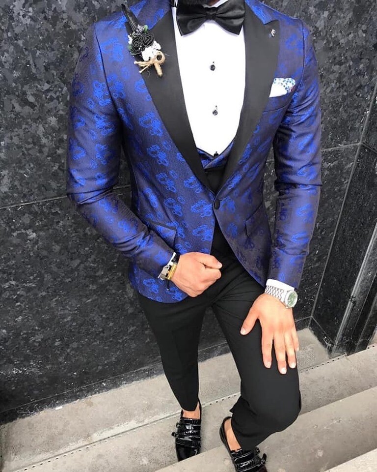 Designer Blu Smoking Fiori Motivo Uomo Vestito Matrimonio Arredata Slim ...