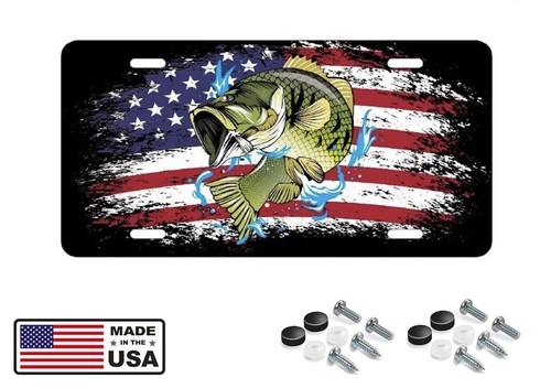 Bass USA Flag Fishing aluminum License Plate Car Tag including Mounting ...