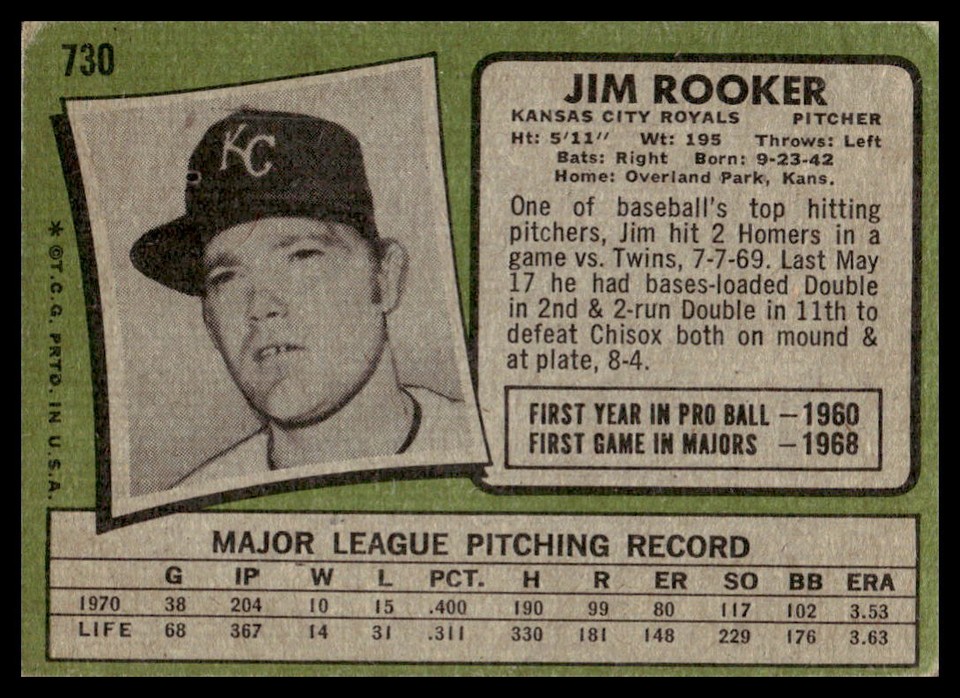 1971 Topps #730 Jim Rooker Kansas City Royals Low Grade | eBay