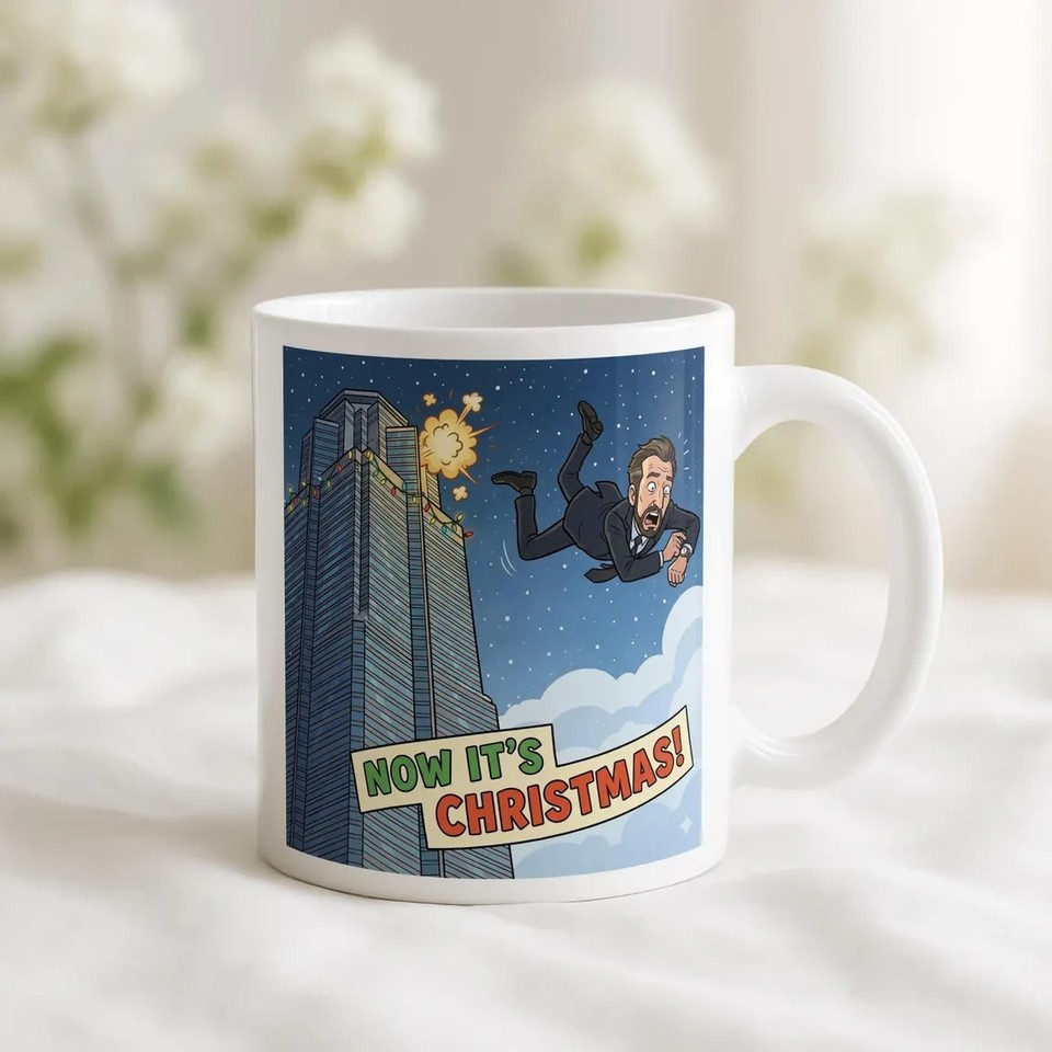 Now It's Christmas Mug, Die Hard Hans Gruber Falling Cartoon Funny Xmas ...