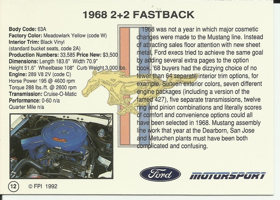 1968 2+2 Fastback Mustang card- from 1992 "Ford Motorsport" Set | eBay