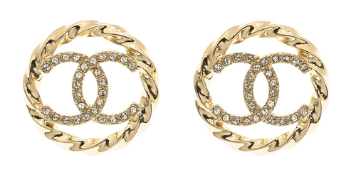 Chanel 23B Gold Crystal Circle CC Logo Classic Drop Statement Stud ...