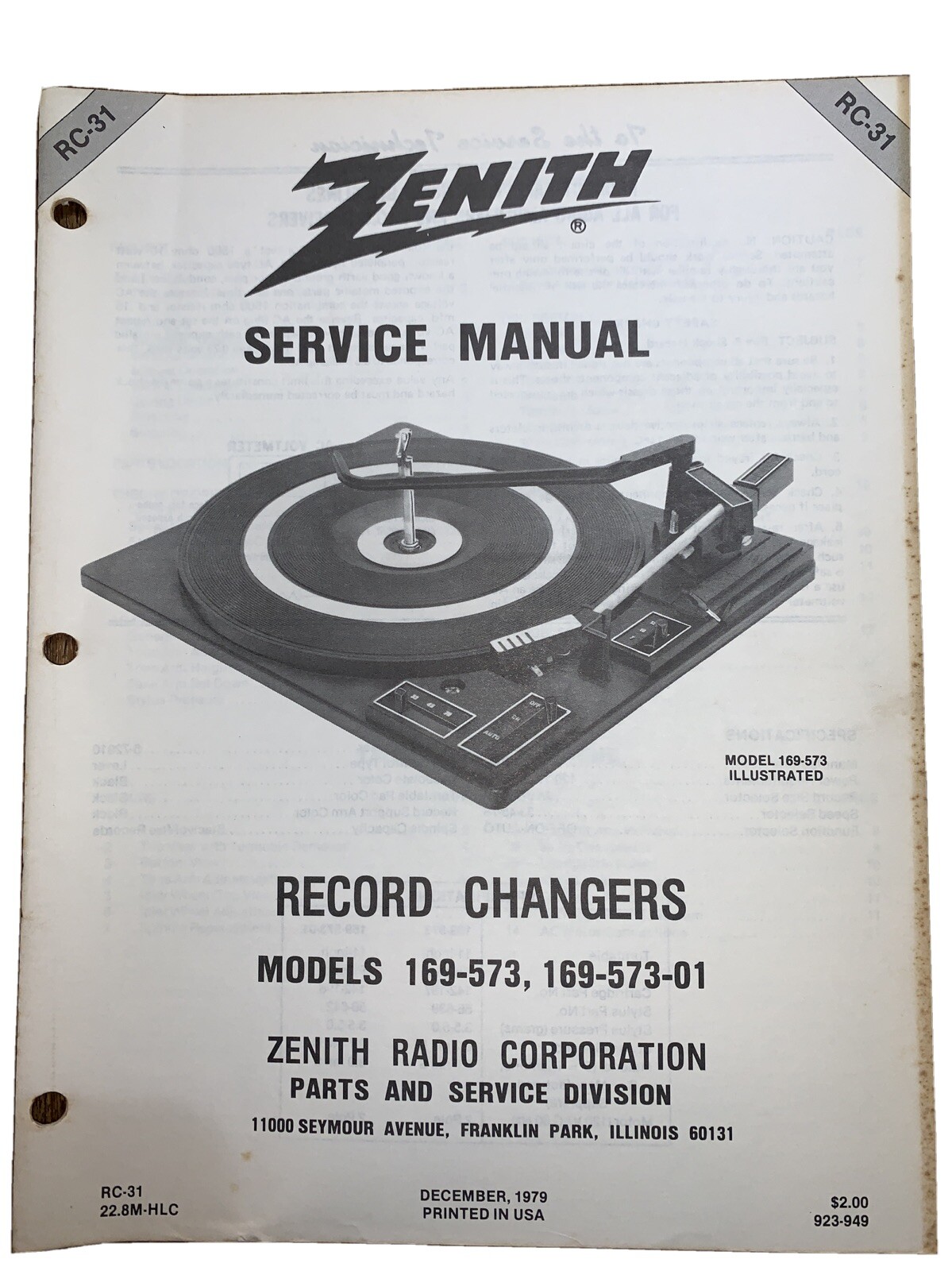 Zenith Service Manual RC-31 Record Changers 169-573, 573-01 | eBay