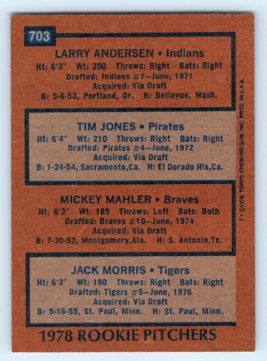 1978 Topps 78 Rookie Pitchers Jack Morris Larry Andersen Tim Jones ...