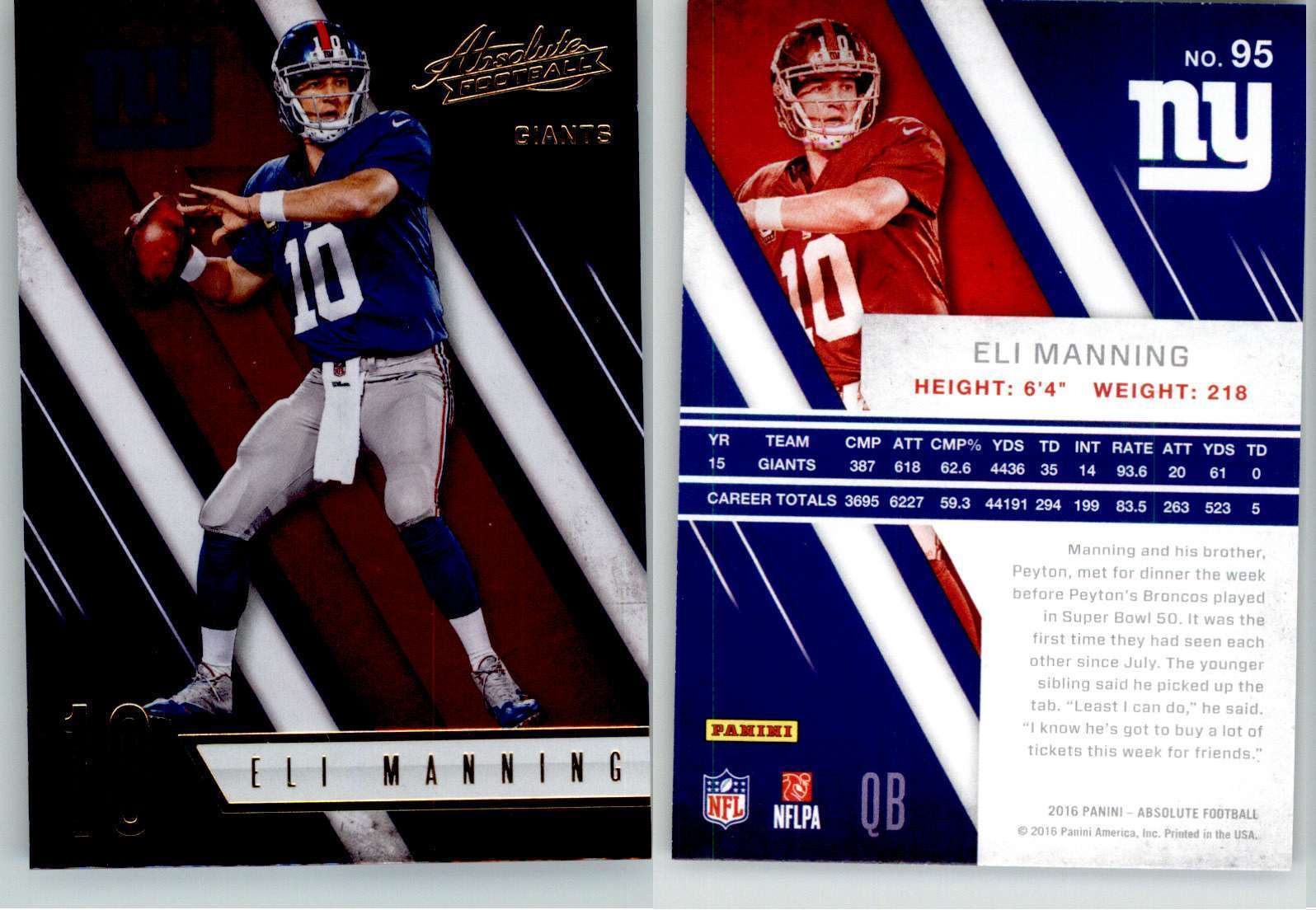 Eli Manning 2016 Absolute #95 Giants | eBay