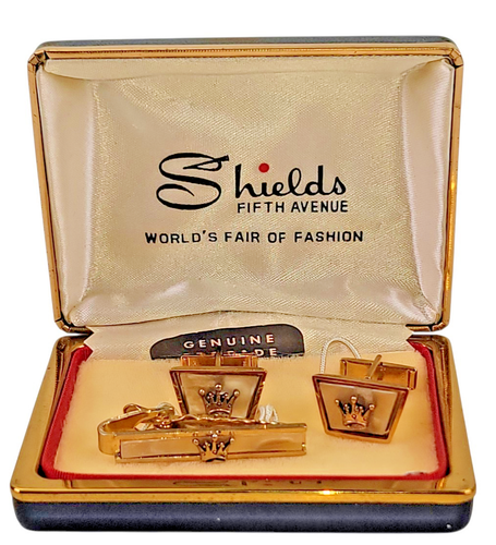 Vtg Shields Fifth Avenue Cuff-Links & Tie Bar Clip Set Crown Gold Tone ...