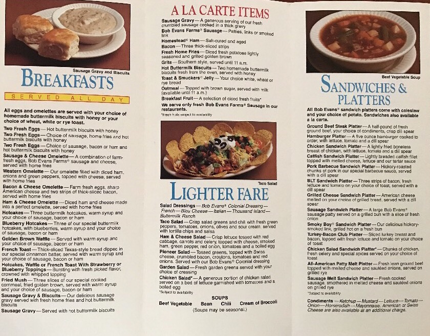 1 Of 2 Rare Vtg 1987 1986 Bob Evans Carry Out Menu | eBay
