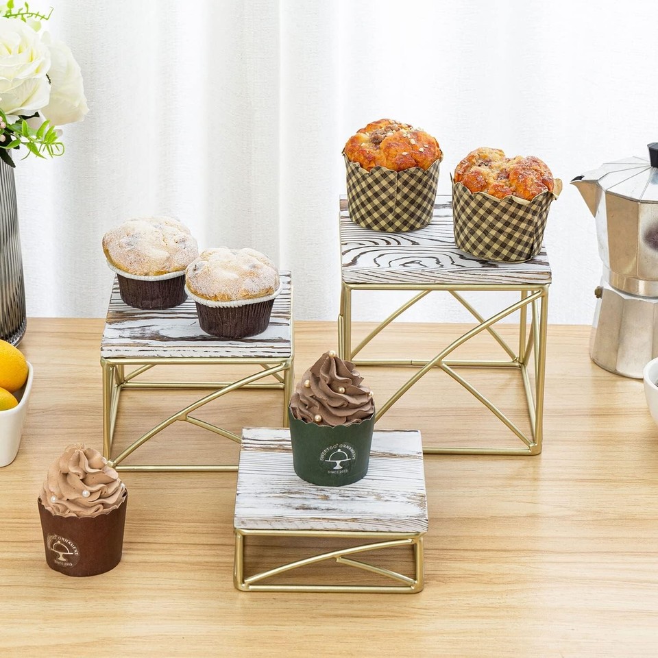 Whitewashed Wood & Geometric Brass Metal Wire Dessert Display Risers ...