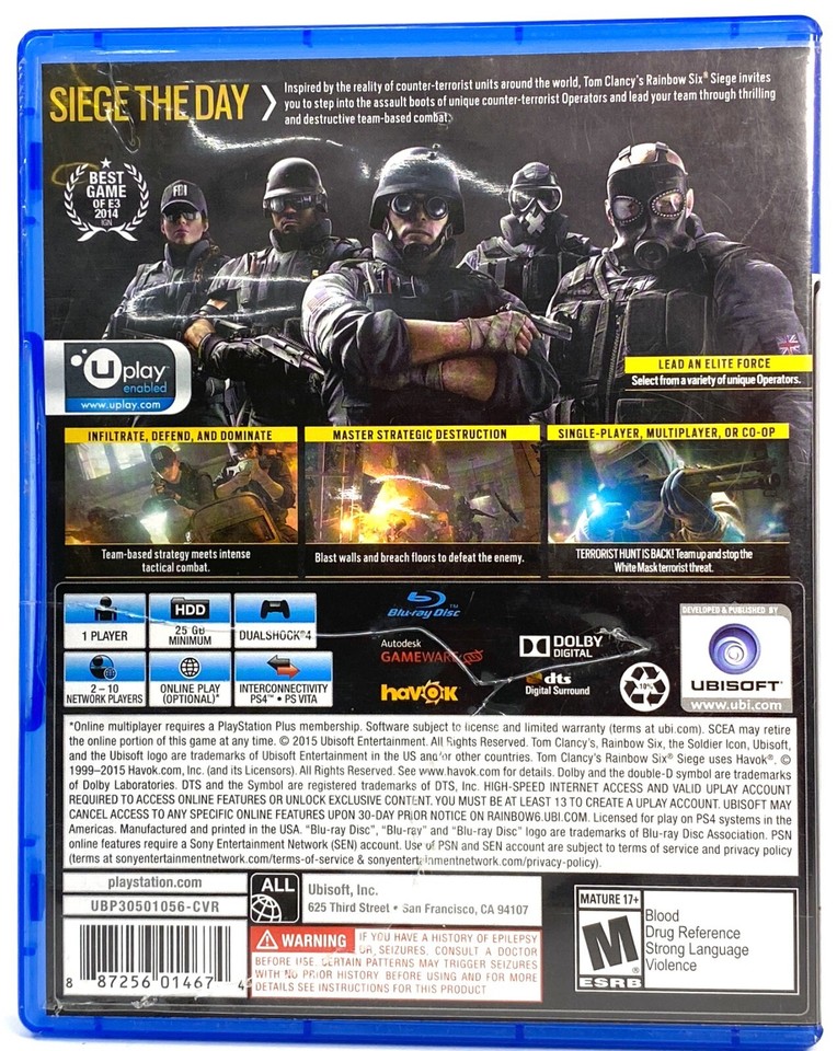 PS4 Tom Clancy's Rainbow Six Siege (PlayStation 4, 2015) 887256014674| eBay
