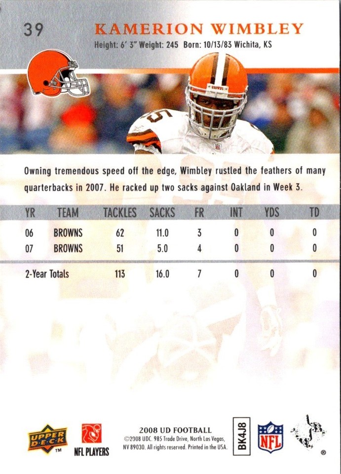 2008 Upper Deck Kamerion Wimbley #39 Cleveland Browns Football Card | eBay
