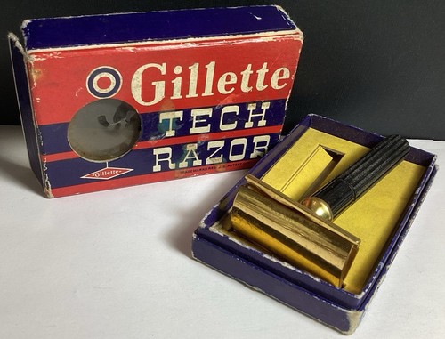 VINTAGE GILLETTE TECH RAZOR IN ORIGINAL BOX GOLDTONE WITH BLACK HANDLE ...