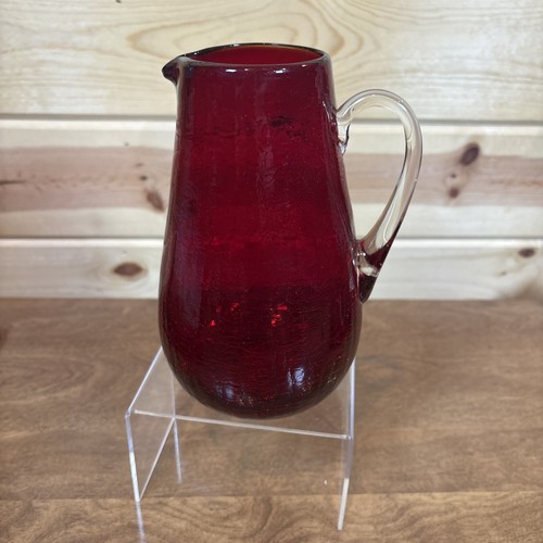 Vintage Blenko Handblown Ruby Red Glass Crackle Pitcher w/Handle 7” | eBay