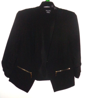 "City Chic" Black Chiffon Jacket with Zips & Ruched Sleeves, Size XS/14 ...