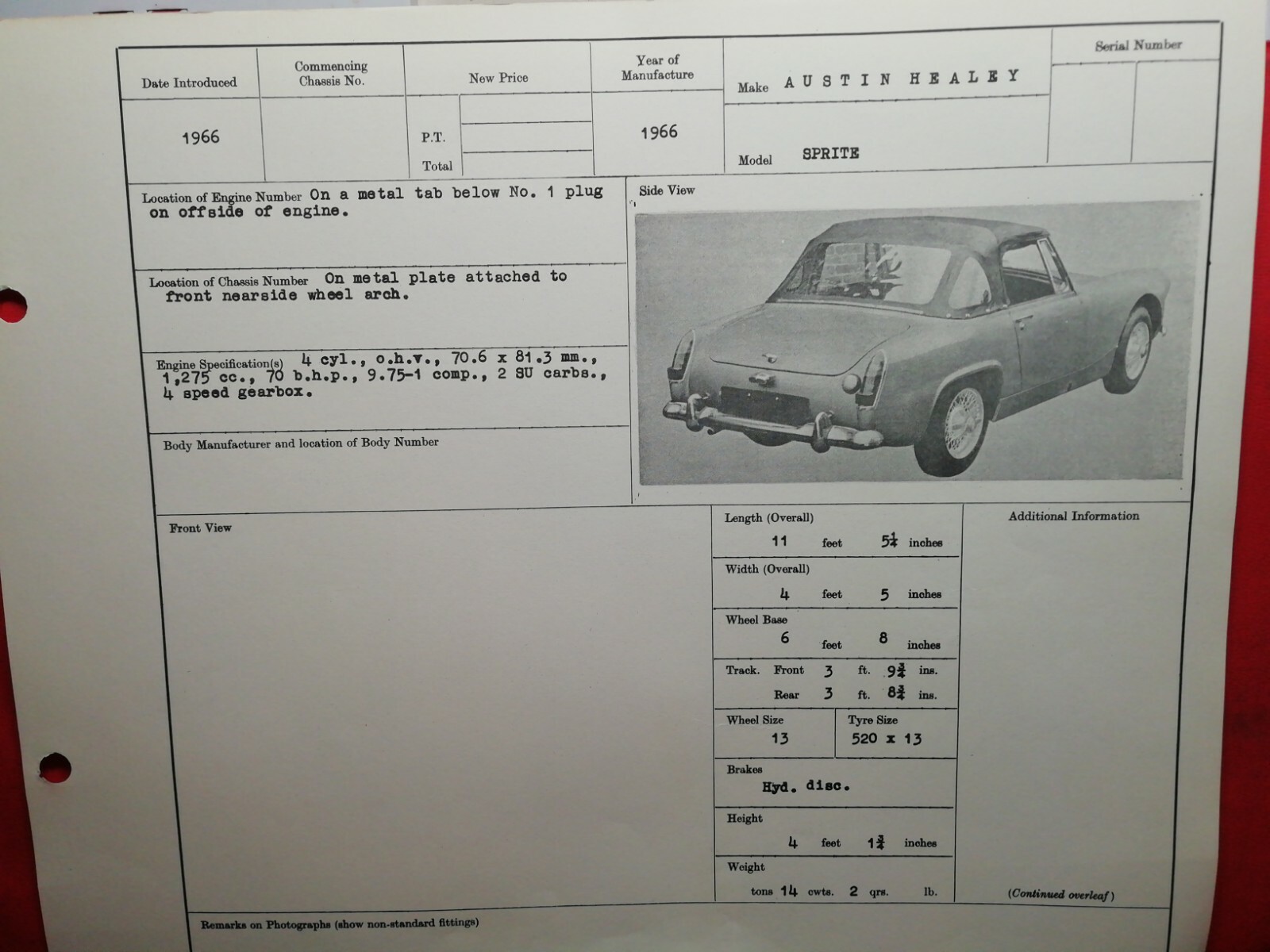 AUSTIN HEALEY SPRITE 1966 POLICE IDENTIFICATION SHEET MANUAL HANDBOOK ...