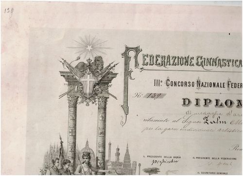 Federazione Cinnastica Nazionale, Roma 1895, Diploma für Max Zahn ...