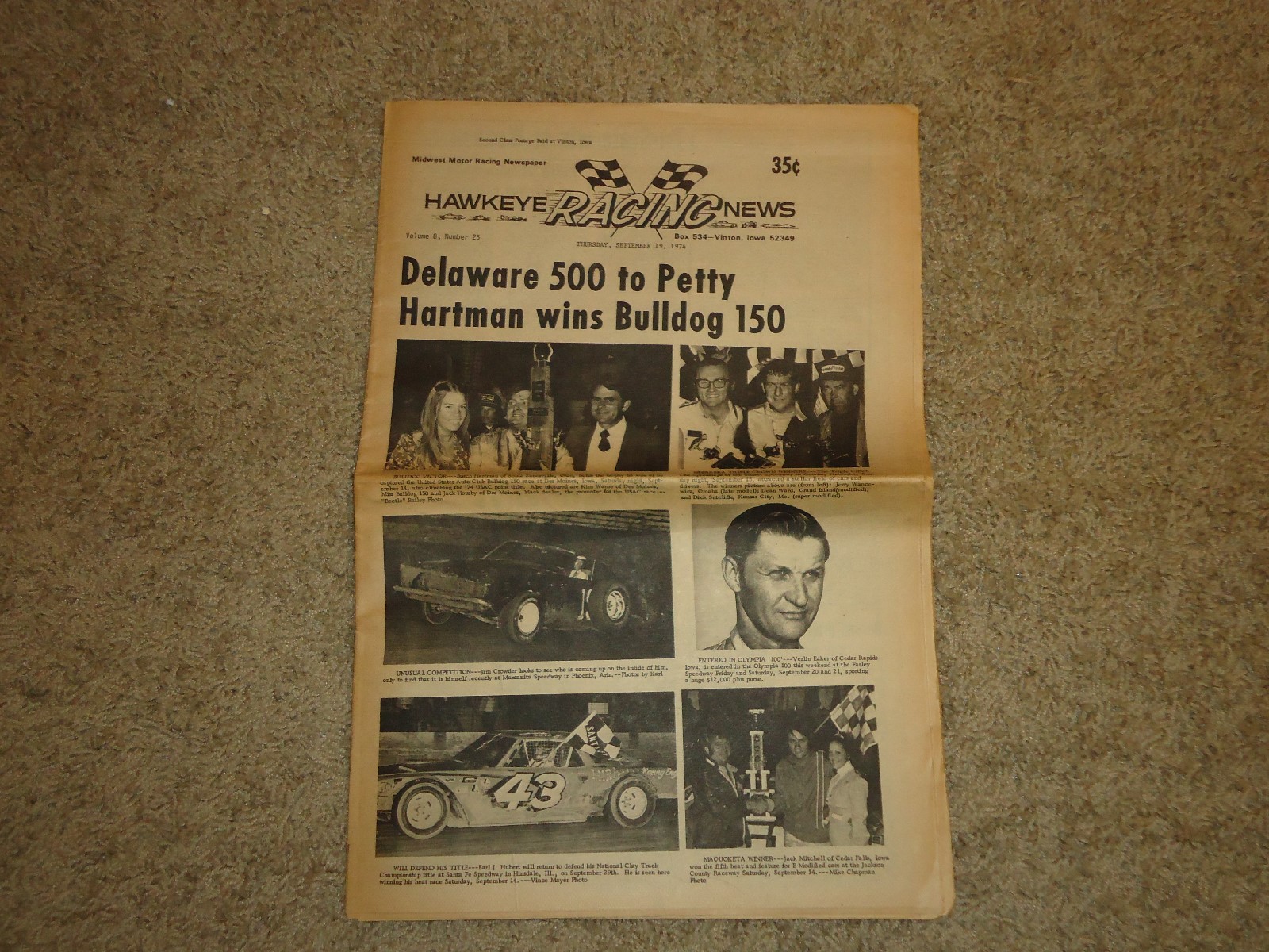 VINTON, IOWA HAWKEYE RACING NEWS 1974 BUTCH HARTMAN DICK SUTCLIFFE EARL ...