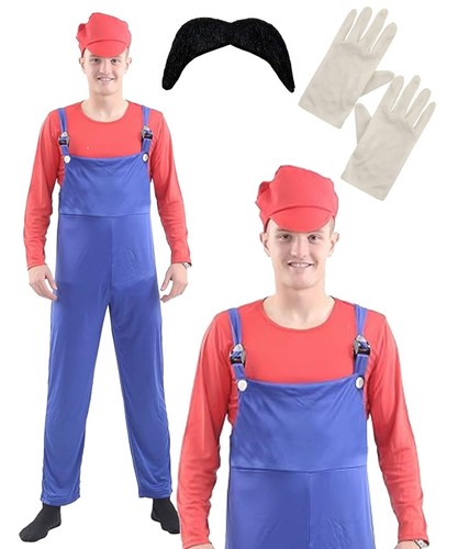 Mens Super Plumber Mario Luigi Brothers Workman Costume Fancy Dress ...