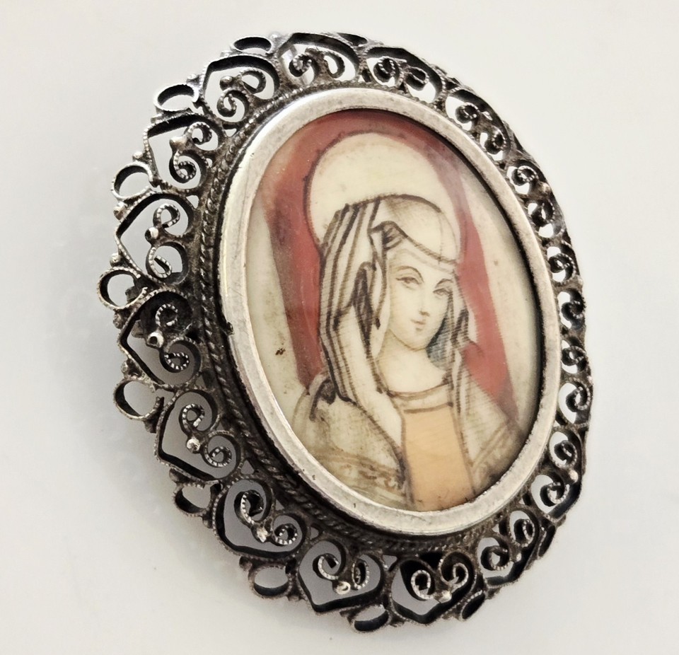 Vintage Handpainted Bone Relic Victorian Filgree "800" Silver Saint Pin ...