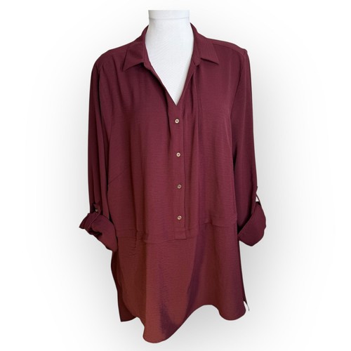 Adyson Parker Burgundy Roll Tab Button Front Blouse Size 1X | eBay