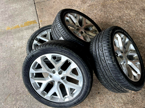 22" INCH RIMS TIRES FIT CHEVY GMC SNOWFLAKE SILVER MACH WHEELS 6x139.7 ...