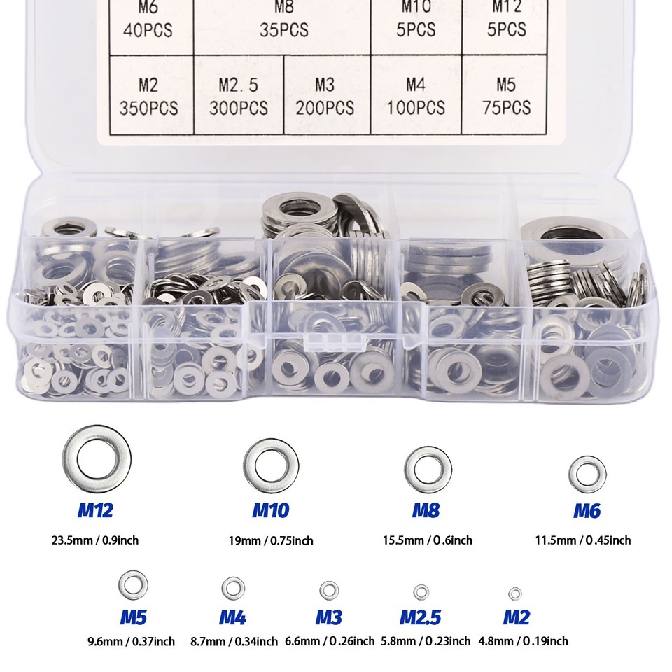 580pcs 304 Stainless Steel Flat Washer Kit Polished, Durable O-Ring Spacers | eBay