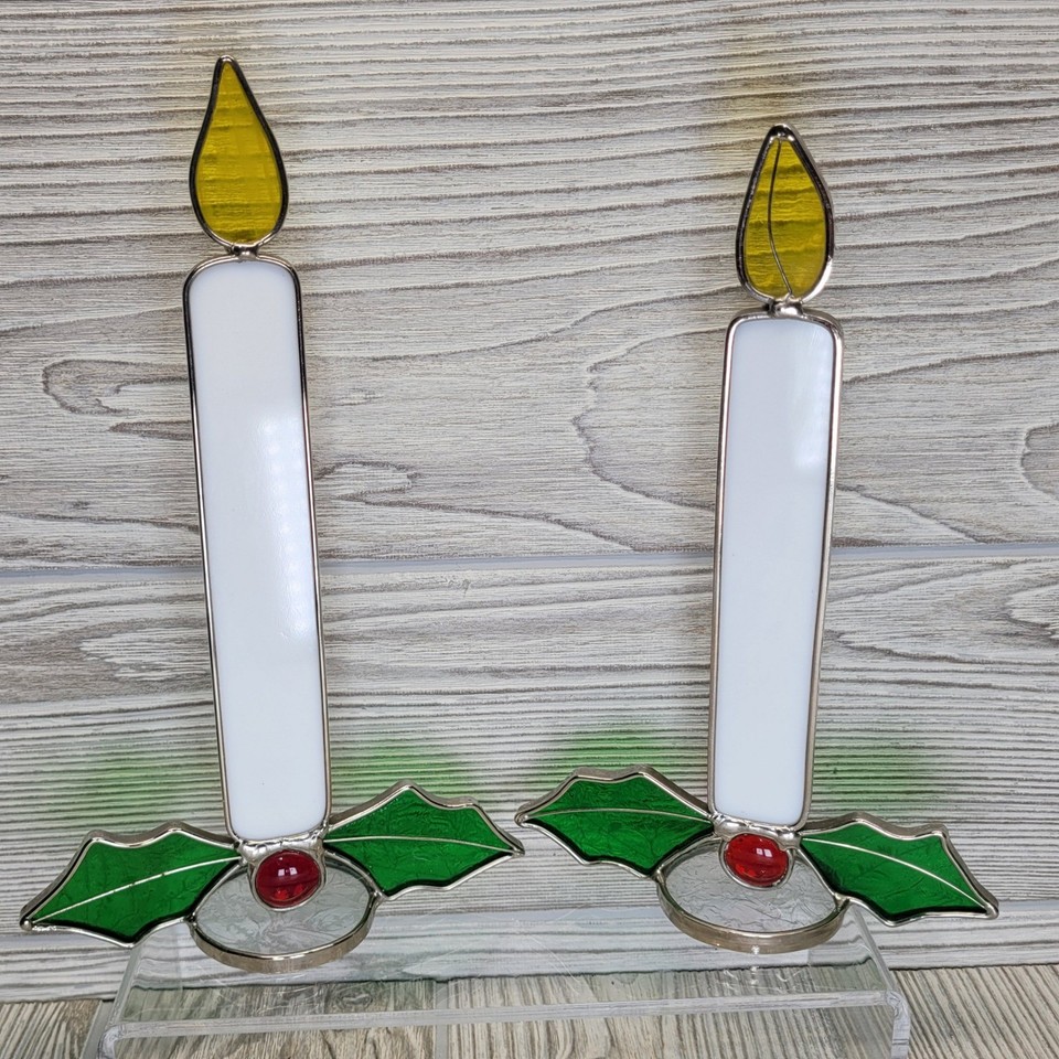 2 Stained Glass Candle Suncatchers Christmas Holly Red Berries Yellow ...
