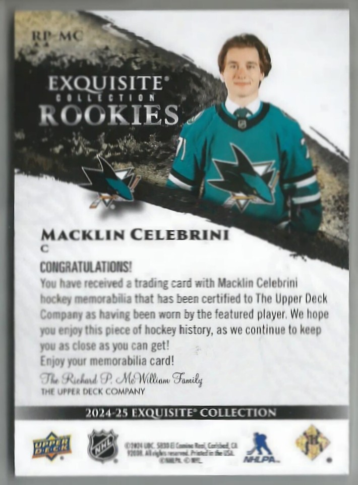 2024-25 Black Diamond Exquisite Rookie Patch Gold MACKLIN CELEBRINI RP ...