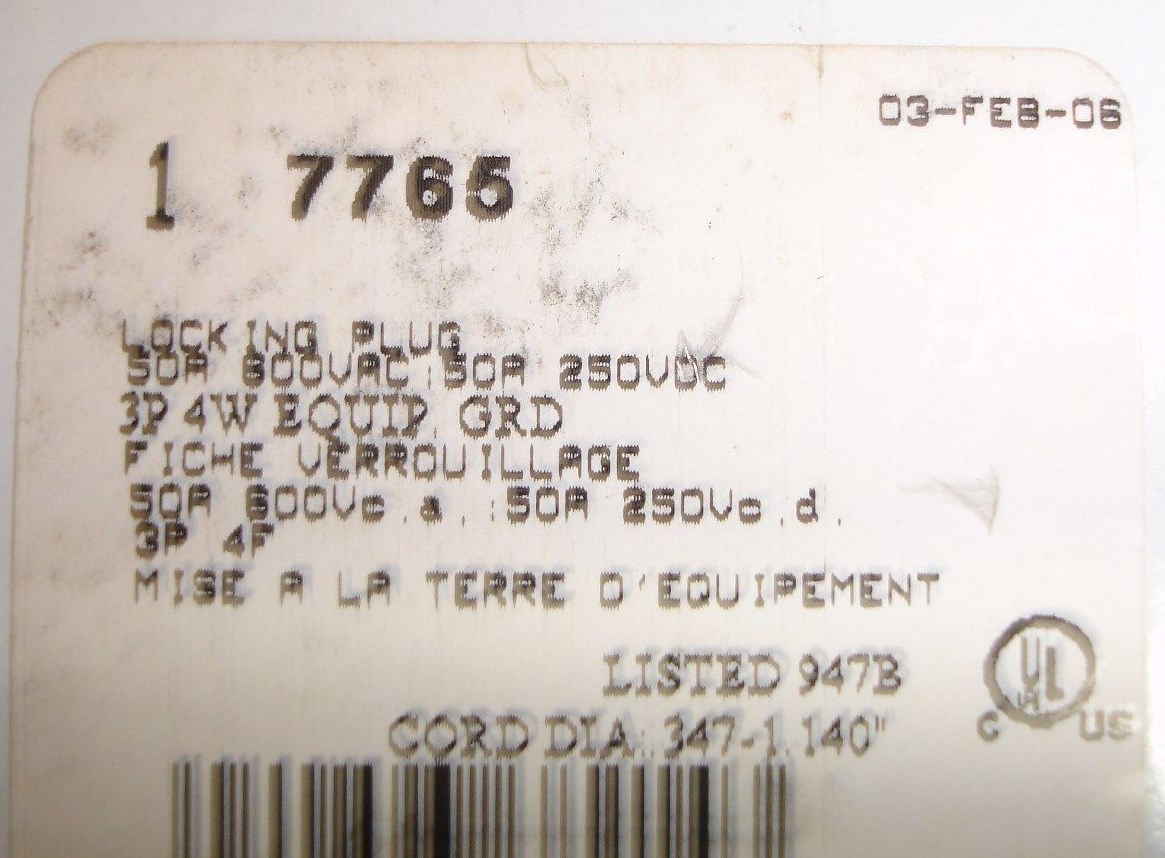 NEW Cooper 7765 50 Amp 600 volt 250 VDC 3 pole 4 wire grounding Locking ...