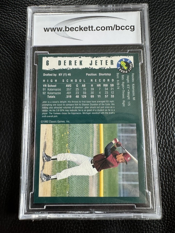 Derek Jeter RC Rookie 1992 Classic Draft Picks #6 BGS 10 Gem Mint ...