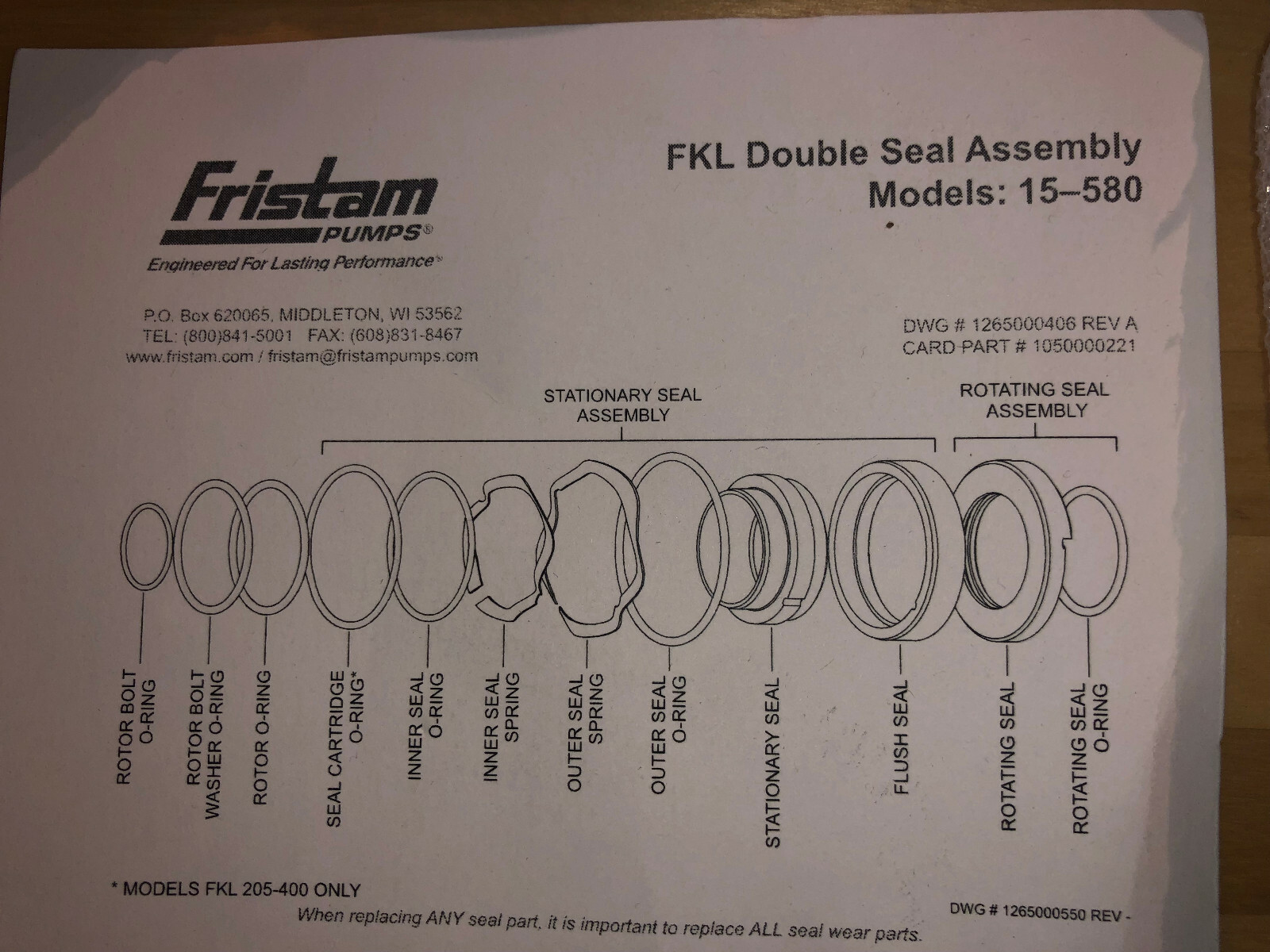 Genuine Fristam FKL-150 Sanitary Pump Double Seal Kit N/FR/N/V ...
