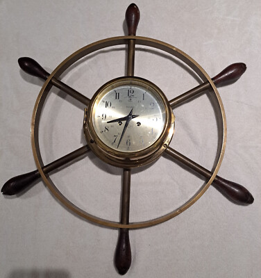 Salem Ship's Bell 8 Day Silent Strike Clock w/key and 23" ship's wheel ...