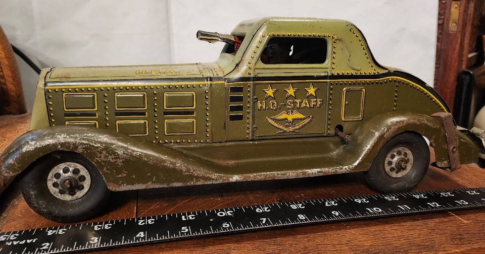 PRESSED STEEL MARX TIN LITHO HQ 7 STAFF G MAN PURSUIT CAR WINDUP TOY ...