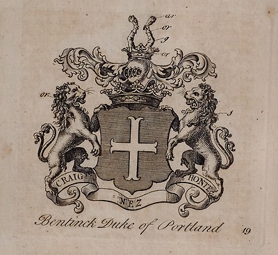 1779 ANTIQUE PRINT ~ BENTINCK ~ FAMILY CREST COAT OF ARMS DUKE OF ...