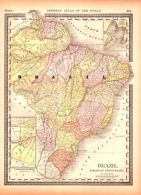 "BRAZIL, PARAGUAY, GUAYANA" SOUTH AMERICA Antique original map 1883 | eBay
