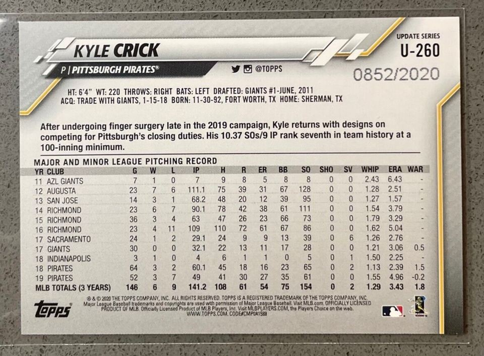 2020 Topps Series Update Baseball #U-260 Kyle Crick /2020 Gold Parallel ...