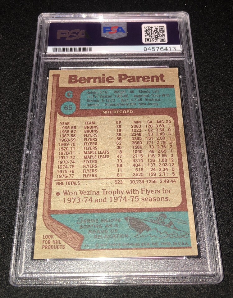 Bernie Parent Signed 1977-78 Topps Trading Card #65 PSA/DNA ...