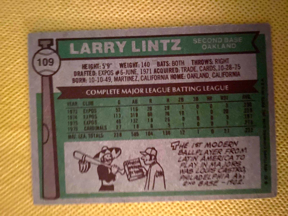 1976 TOPPS # 109 LARRY LINTZ B | eBay