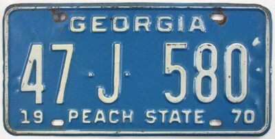 Georgia 1970 "Peach State" License Plate, 47-J-580, Stephens County | eBay
