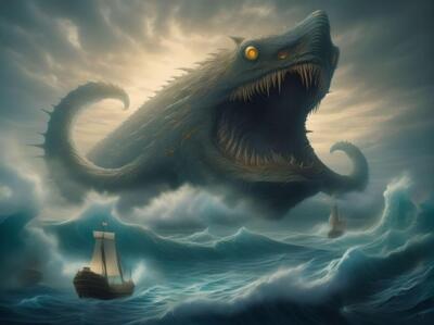 Sea Monster Creature Rising from Ocean Waves Attacking Ships Poster Art ...