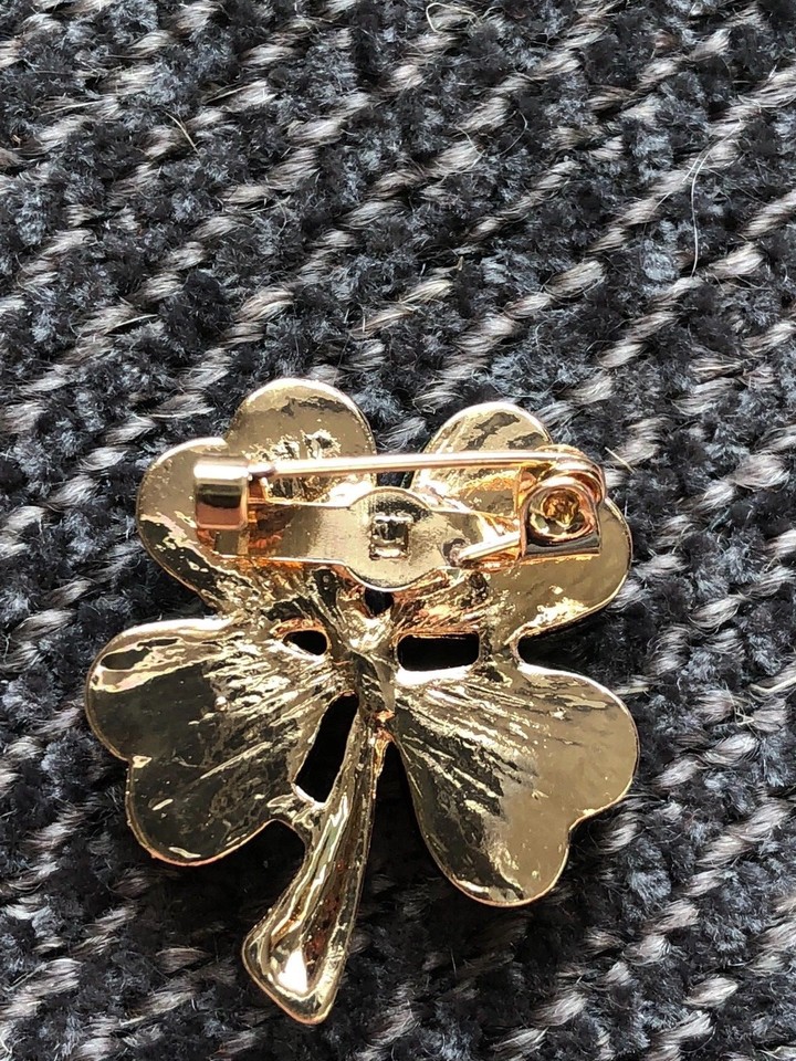 shamrock Brooch pin green rhinestones gold tone 1"X 1" GIFT silver tone ...