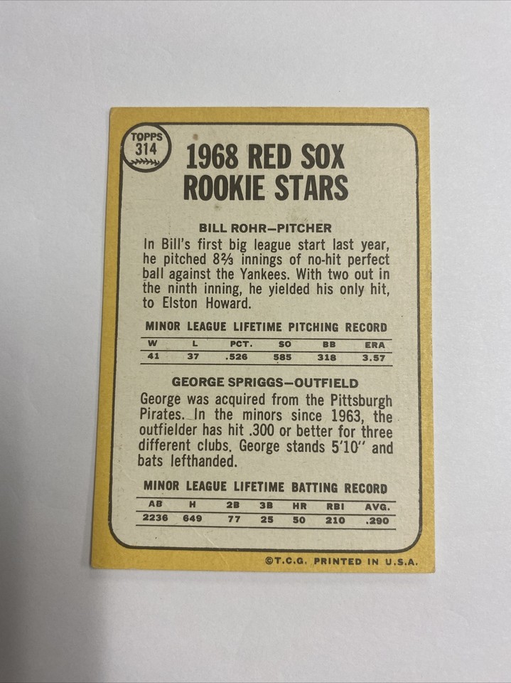 1968 Topps Baseball Bill Rohr & George Spriggs Boston Red Sox Rookie ...