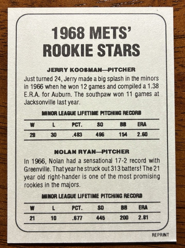 1968 Topps Reprint - 1968 Rookie Stars Nolan Ryan, Jerry Koosman | eBay