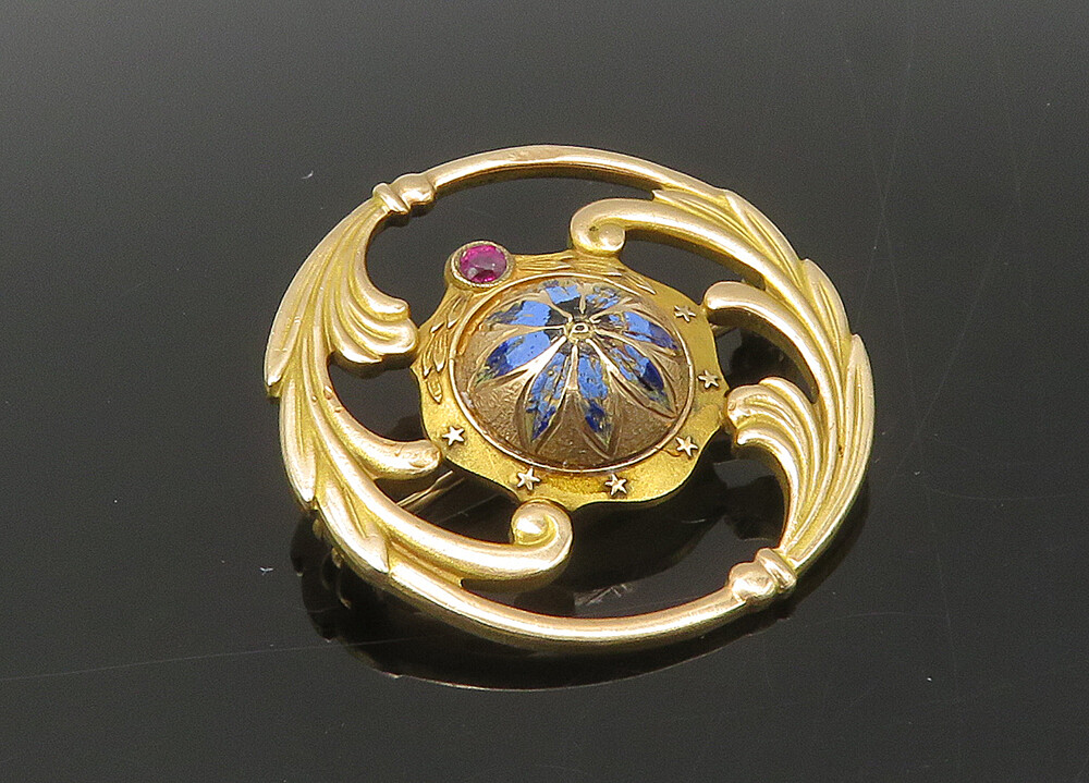 14K GOLD - Vintage Antique Ruby Enamel Flower Dome Round Brooch Pin ...