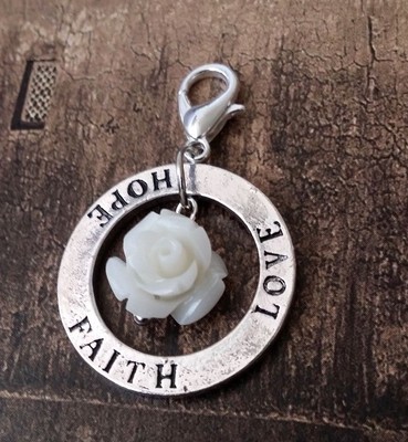 Hope Love Faith White Rose Round Zen Silver Dangle Clip Charm Healing ...