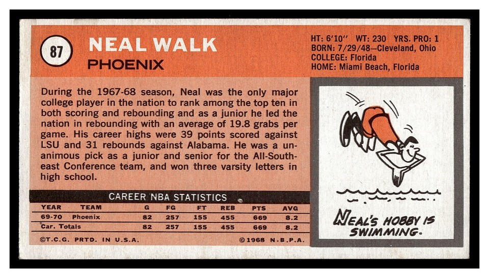 1970 TOPPS BASKETBALL NEAL WALK #87 SP PHOENIX SUNS NO CREASES LOOKS OK ...
