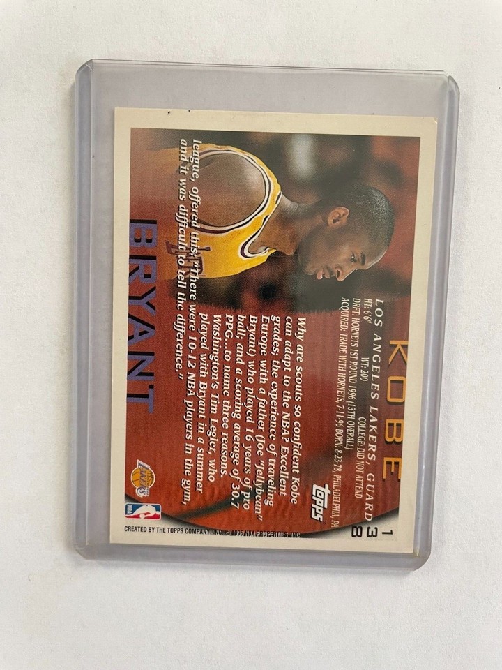 1996 Topps Basketball Kobe Bryant Rookie Card #138 Los Angeles Lakers ...