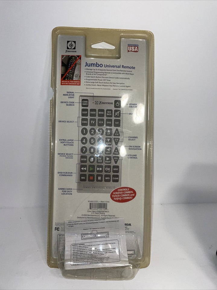 Emerson Jumbo Universal Remote Control TV Cable Sat DVD VCR Works ...