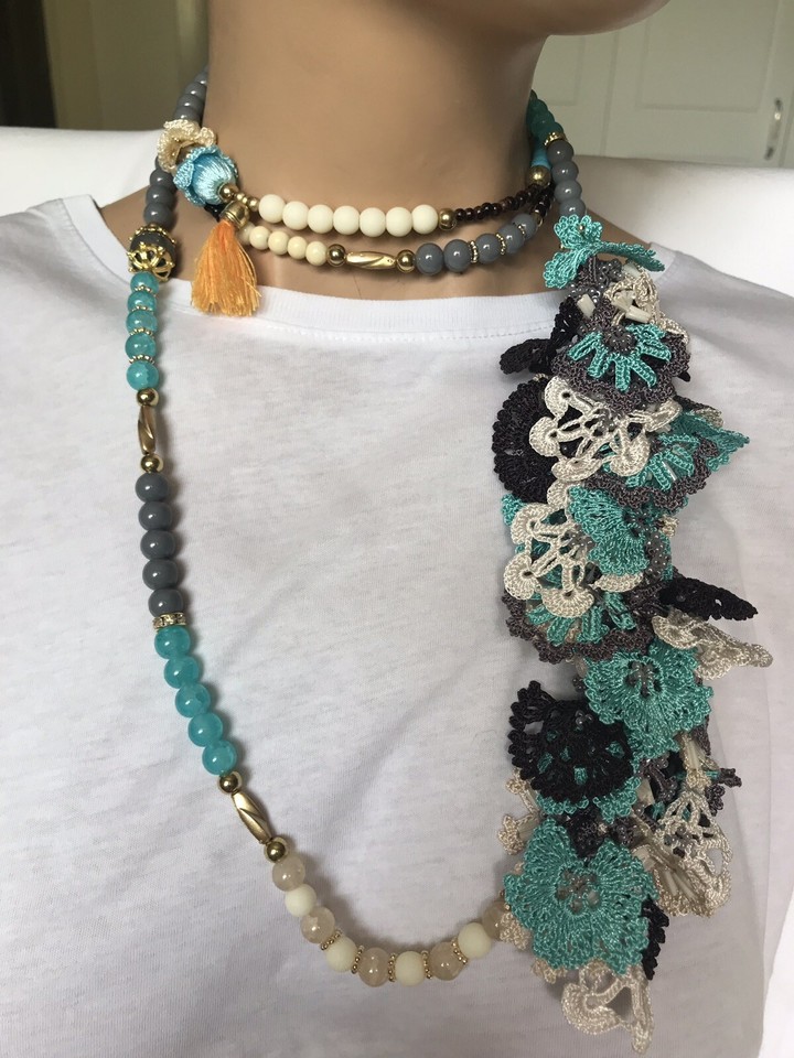 Blue Brown Crochet Choker, Crochet Collar, Boho Circle Necklace, Oya ...