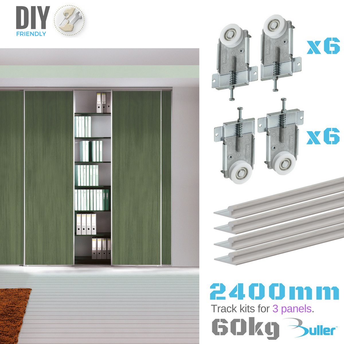 Wardrobe Sliding Track System With Spring Loaded Wheels Fastor 2400mm ...
